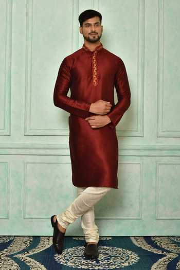 Buy Aryavir Malhotra Red Dupion Art Silk Leaf Mandari Collar Kurta ...