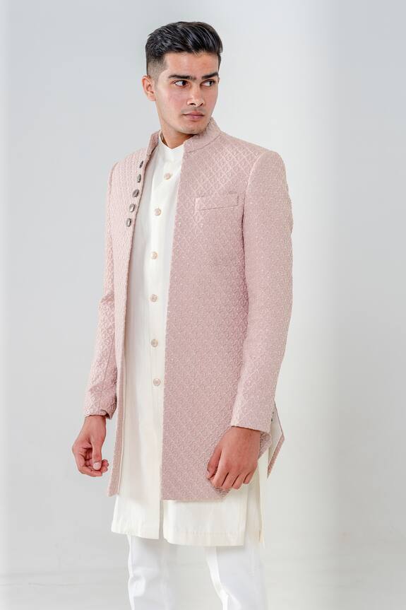 Buy Amrit Dawani Pink Quatrefoil Lucknowi Embroidered Jacket Kurta Set ...