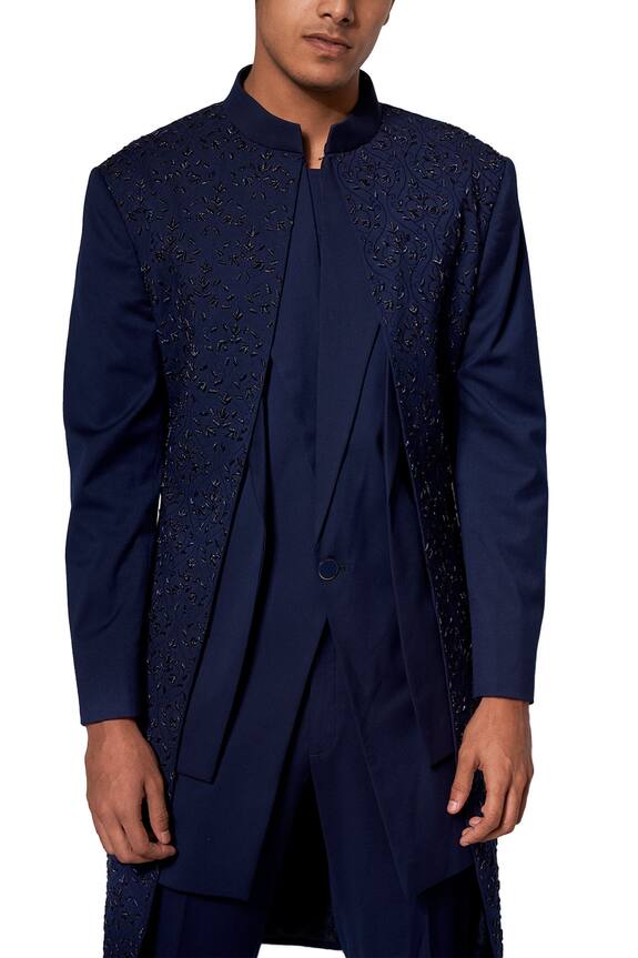 Buy Amaare - Men Blue Wool Blend Embroidered Sherwani Set Online | Aza ...