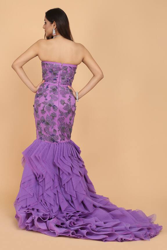 Buy Amit GT Purple Tulle Bandeau Fish Cut Trail Gown Online | Aza Fashions
