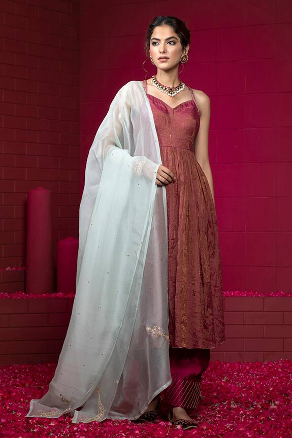 Buy Weaver Story Purple Chanderi Tissue Strappy Kurta Set Online | Aza ...