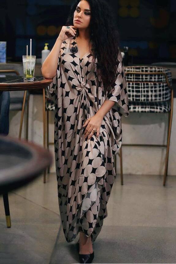 Buy Angry Owl Beige Modal Polka Dot Print Kaftan Online | Aza Fashions