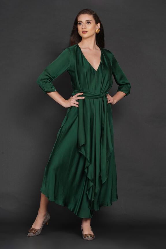 Buy Angry Owl Green Modal Pleated Asymmetric Dress Online | Aza Fashions