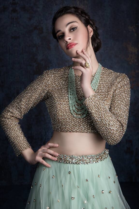 Buy Ashwini Reddy Green Tulle Embroidered Lehenga Set Online | Aza Fashions
