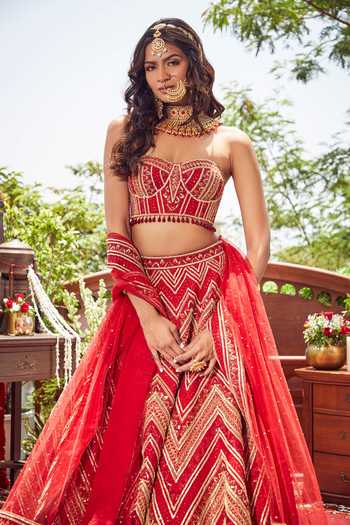 Buy Asra Raw Silk Embroidered Strapless Choli Lehenga Set Online | Aza ...