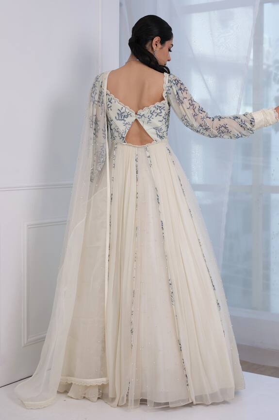 Buy Amit Sachdeva Ivory Georgette Floral Print Anarkali With Dupatta ...