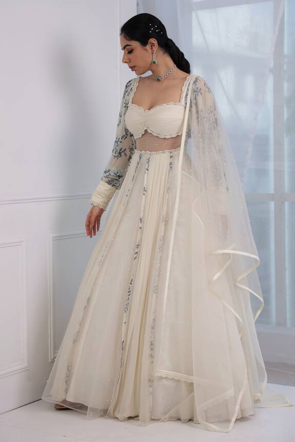 Buy Amit Sachdeva Ivory Georgette Floral Print Anarkali With Dupatta ...