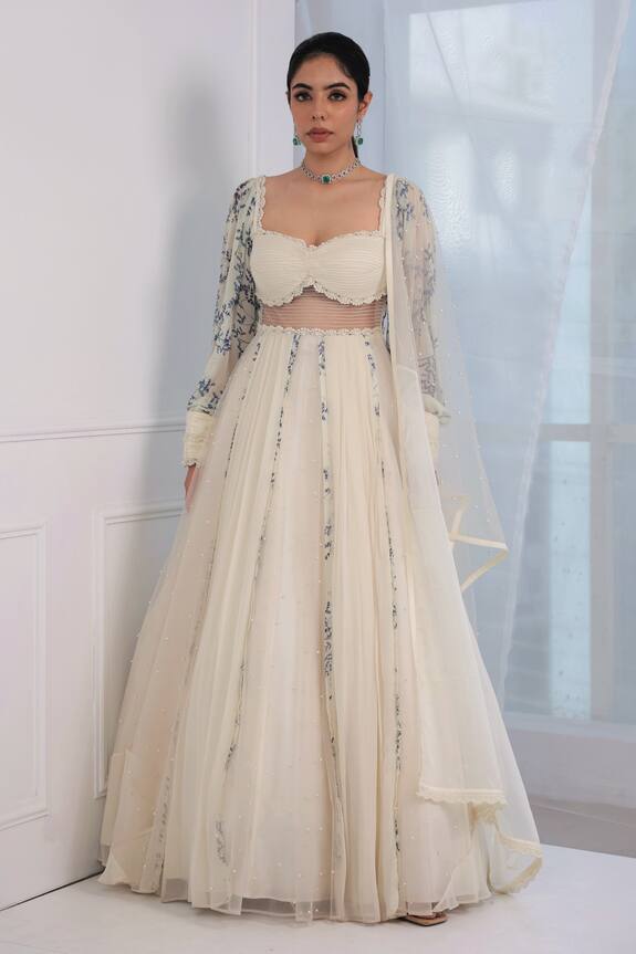Buy Amit Sachdeva Ivory Georgette Floral Print Anarkali With Dupatta ...