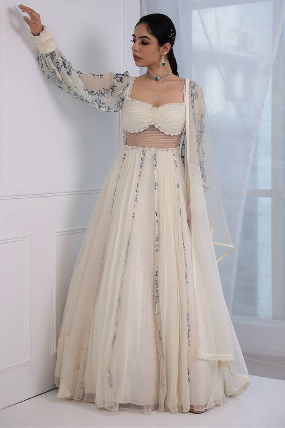 Buy Amit Sachdeva Ivory Georgette Floral Print Anarkali With Dupatta ...