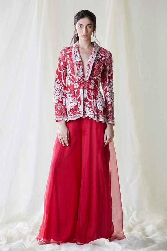 Buy Pankaj And Nidhi Tulle Embroidered Organza Jacket And Pant Set Online