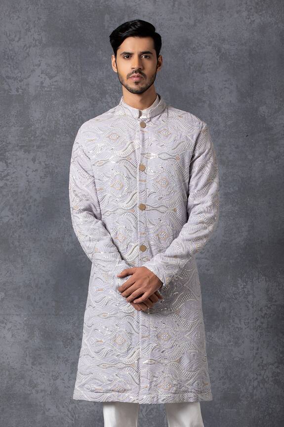 Buy Ankit V Kapoor Grey Pure Georgette Embroidered Sherwani And Pant ...