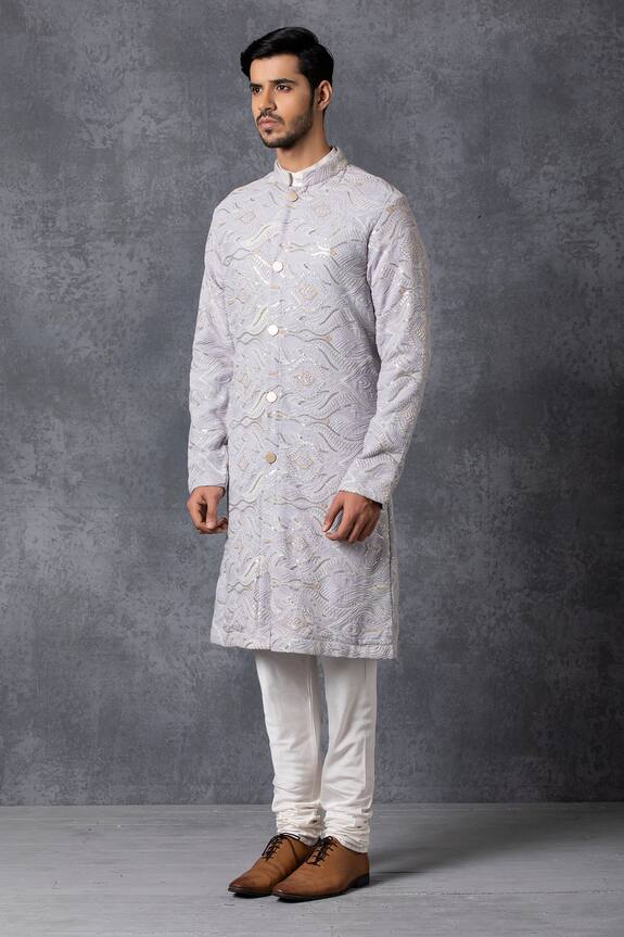 Buy Ankit V Kapoor Grey Pure Georgette Embroidered Sherwani And Pant ...