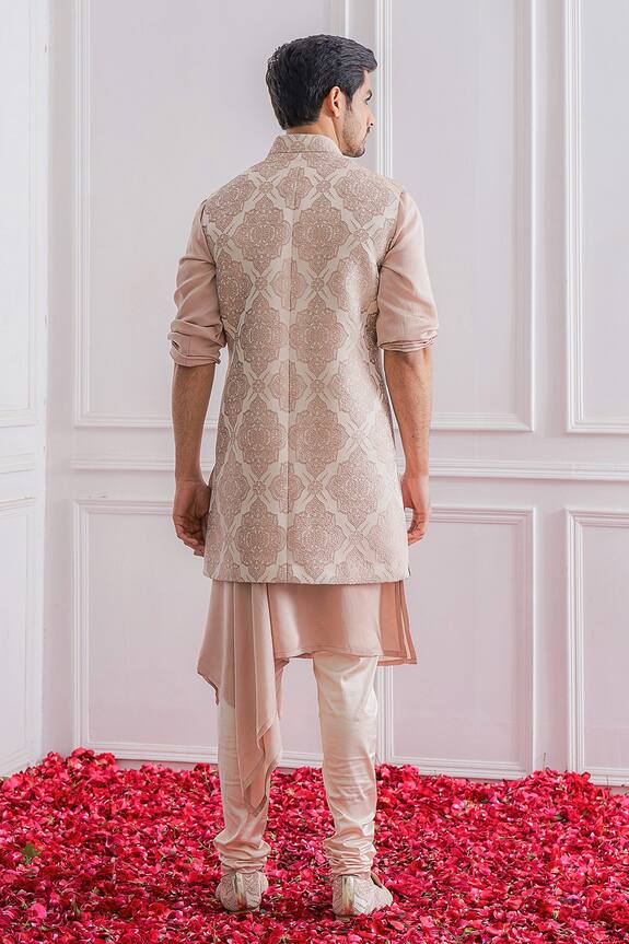 Buy Ankit V Kapoor Pink Twill Satin Jacquard Longline Bundi And Kurta ...