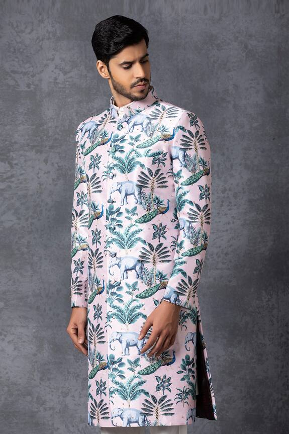 Buy Ankit V Kapoor Pink Cotton Printed Sherwani Set Online | Aza Fashions