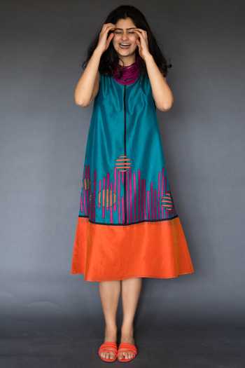 Buy Taika by Poonam Bhagat Blue Chanderi Applique Dress Online | Aza ...