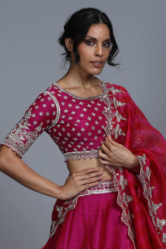 Buy Anushree Reddy Pink Raw Silk Floral Embroidered Lehenga Set Online ...