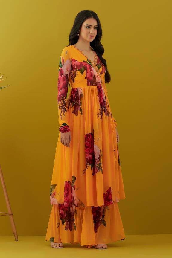 Buy Basanti - Kapde Aur Koffee Yellow Georgette Printed Angarkha And ...