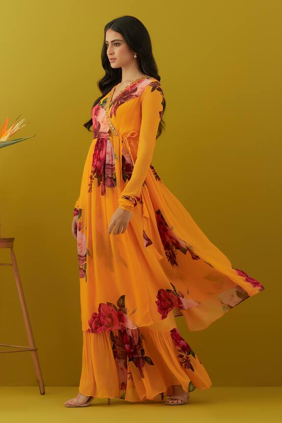 Buy Basanti - Kapde Aur Koffee Yellow Georgette Printed Angarkha And ...