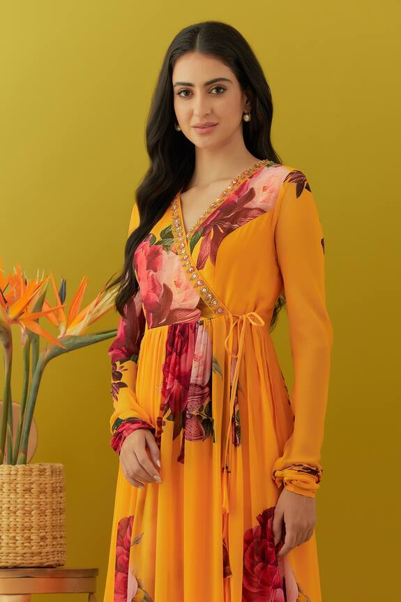 Buy Basanti - Kapde Aur Koffee Yellow Georgette Printed Angarkha And ...
