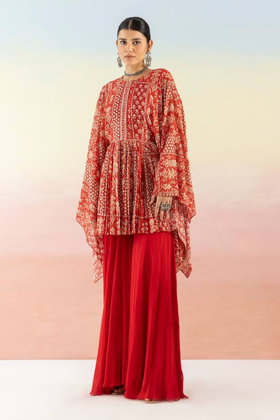 Buy Basanti Pret Red Georgette Floral Print Kaftan Kurta And Palazzo ...
