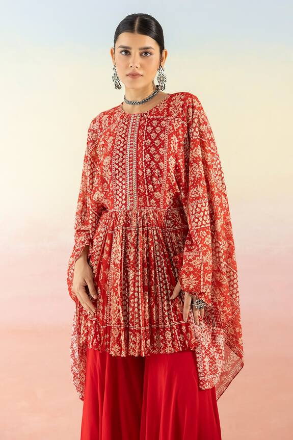 Buy Basanti Pret Red Georgette Floral Print Kaftan Kurta And Palazzo ...