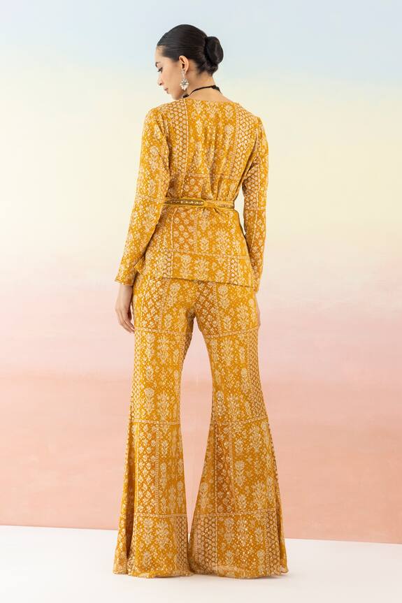 Buy Basanti Pret Yellow Sequins Georgette Floral Print Kurta And Flared ...