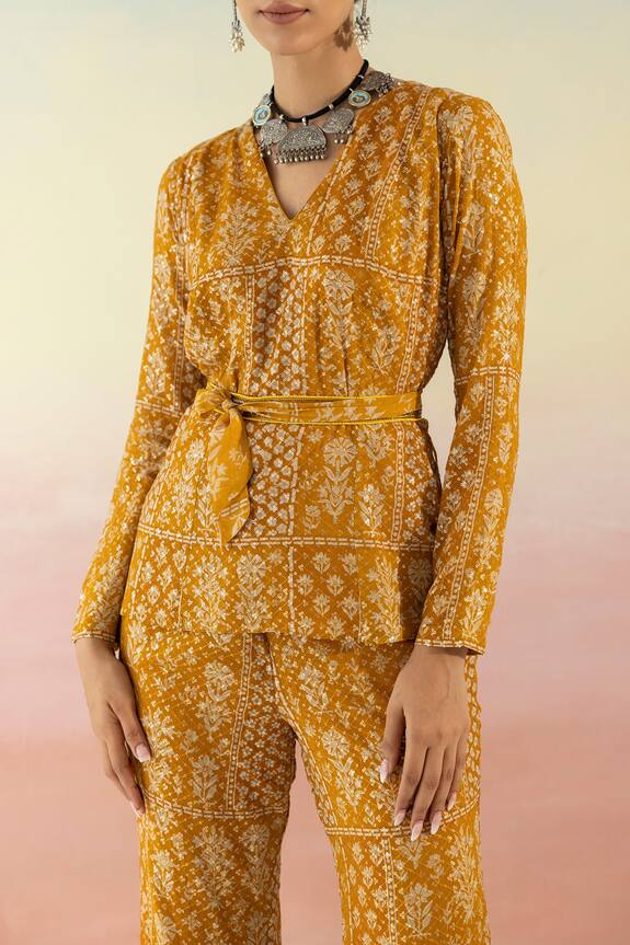Buy Basanti Pret Yellow Sequins Georgette Floral Print Kurta And Flared ...