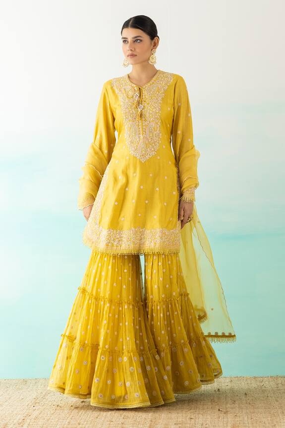 Buy Basanti Pret Yellow Cotton Floral Embroidered Kurta Sharara Set ...