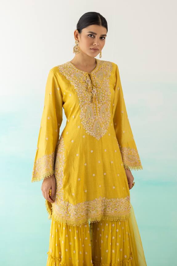 Buy Basanti Pret Yellow Cotton Floral Embroidered Kurta Sharara Set ...
