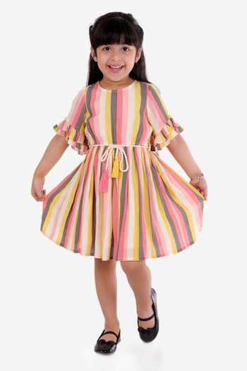 Buy Lil Drama Multi Color Cotton Striped Dress For Girls Online | Aza ...