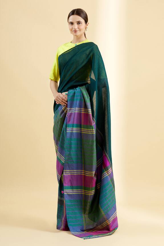 Buy Injiri Green Cotton Silk Checkered Saree Online | Aza Fashions