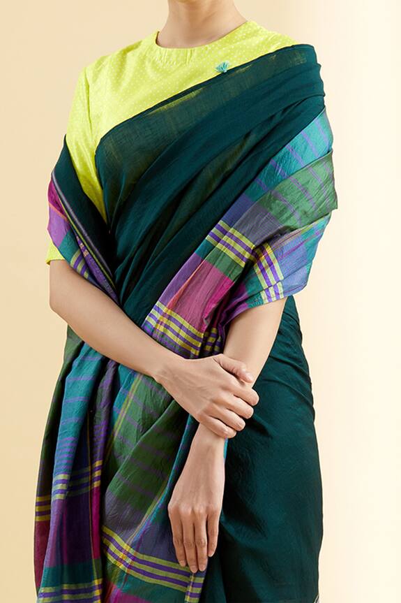 Buy Injiri Green Cotton Silk Checkered Saree Online | Aza Fashions