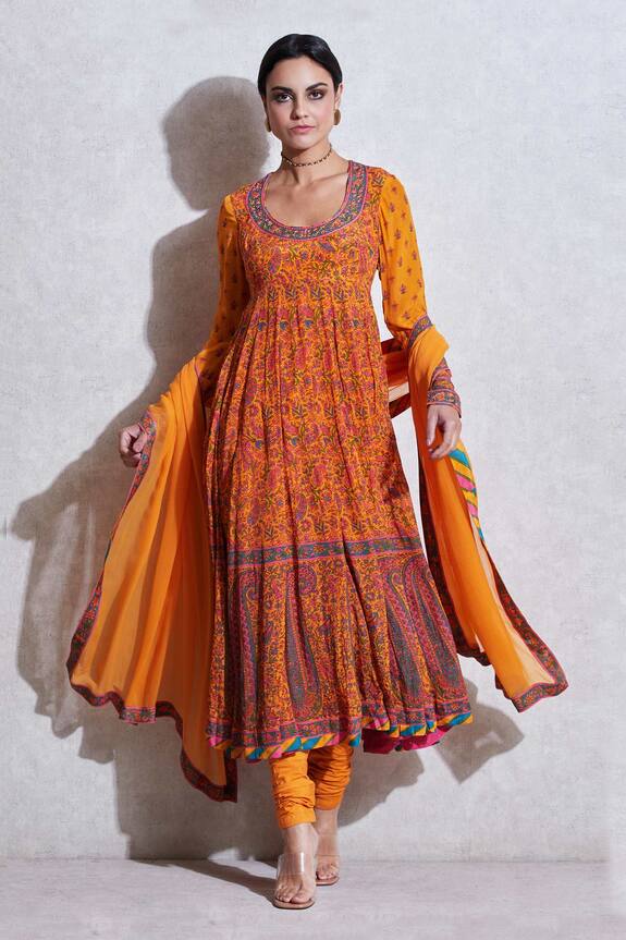 Buy Ritu Kumar Yellow Rayon Printed Anarkali Set Online | Aza Fashions