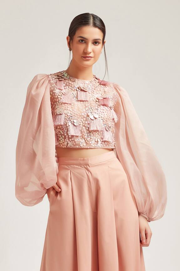 Buy Pankaj & Nidhi Peach Polyester Fringe Crop Top And Pant Set Online ...