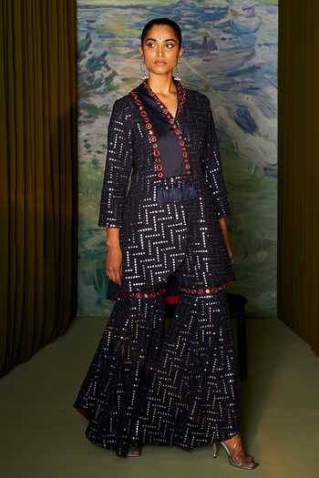Buy Twenty Nine Blue Georgette Chevron Rabari Mirror Work Scarf Jacket ...