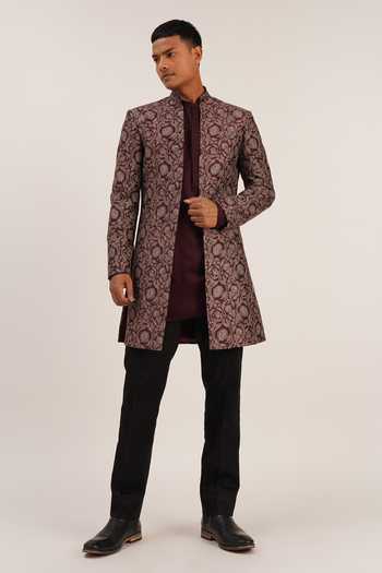 Buy Dhruv Vaish Purple Raw Silk Front Open Sherwani Online | Aza Fashions