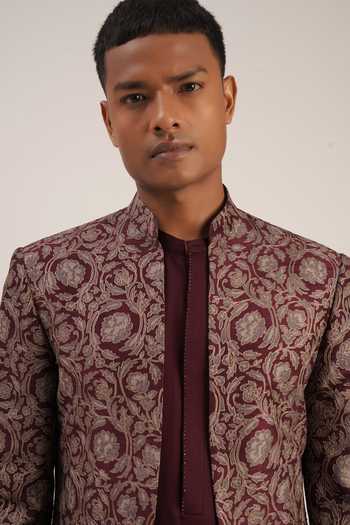 Buy Dhruv Vaish Purple Raw Silk Front Open Sherwani Online | Aza Fashions