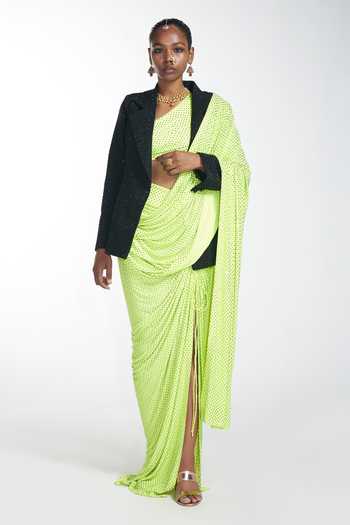 Buy Itrh Black Crepe Crystal Embellished Blazer And Draped Saree Set ...