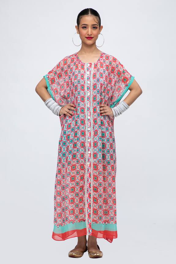 Buy Niki Mahajan Multi Color Art Deco Print Kaftan Online | Aza Fashions