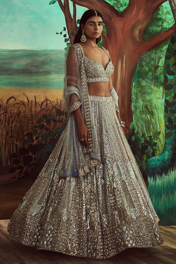 Buy Angad Singh Grey Organza Sequin Hand Embroidered Lehenga Set Online ...