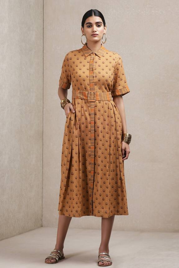 Buy Ritu Kumar Brown Cotton Dobby Floral Print Shirt Dress Online | Aza ...