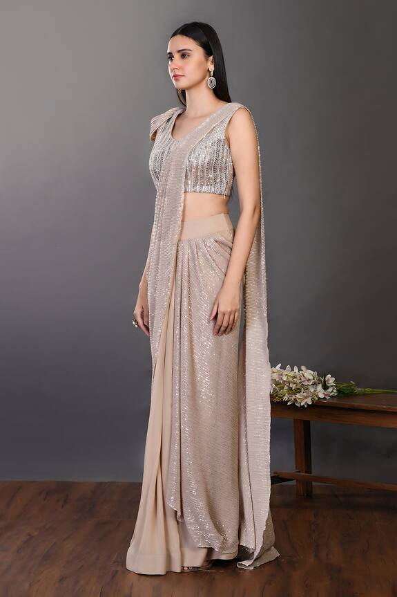 Buy Onaya Gold Georgette Shimmer Pre-draped Saree With Blouse Online ...