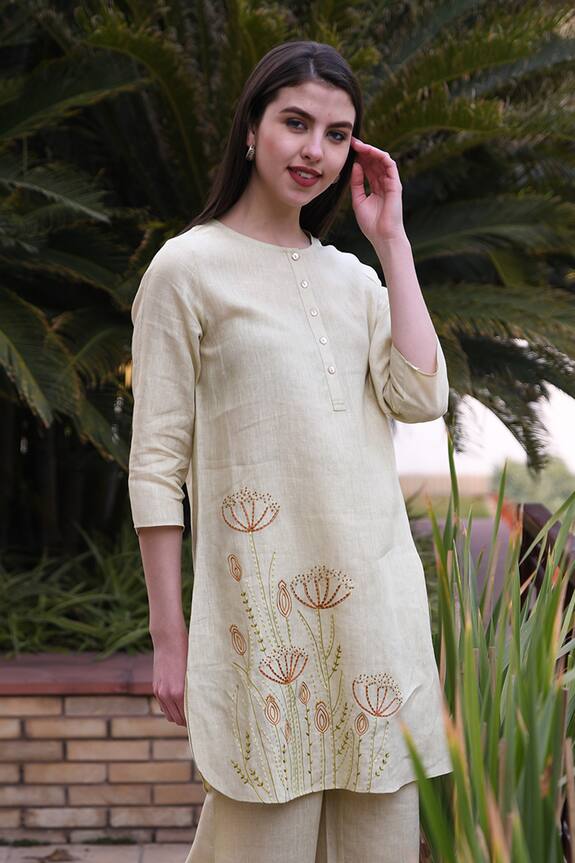 Buy Linen Bloom Green Linen Embroidered Tunic Online | Aza Fashions