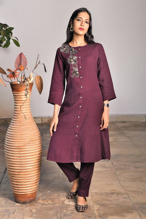 Buy Linen Bloom Purple Linen Embroidered Tunic Online | Aza Fashions