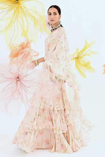Buy Neha Chopra Tandon Pink Shantoon Ruffled Lehenga Saree With Blouse ...