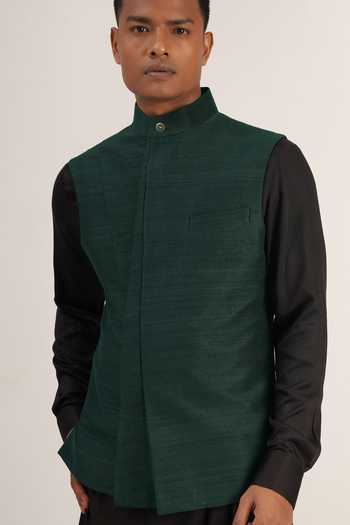 Buy Dhruv Vaish Green Raw Silk Jawahar Jacket Online | Aza Fashions