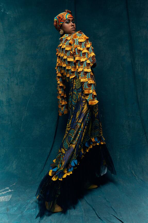 Buy Eshaa Amiin Blue Viscose Crepe Wheel Print Jacket Online | Aza Fashions