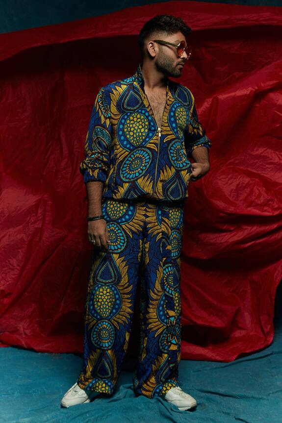 Buy Eshaa Amiin Blue Modal Abstract Pattern Bomber Jacket Online | Aza Fashions