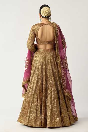Buy Itrh Gold Cotton Ira Mehroon Lampi Lehenga Set Online | Aza Fashions