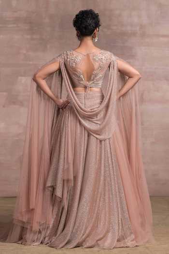 Buy Tarun Tahiliani Pink Foil Crinkle And Net Draped Blouse And Lehenga ...